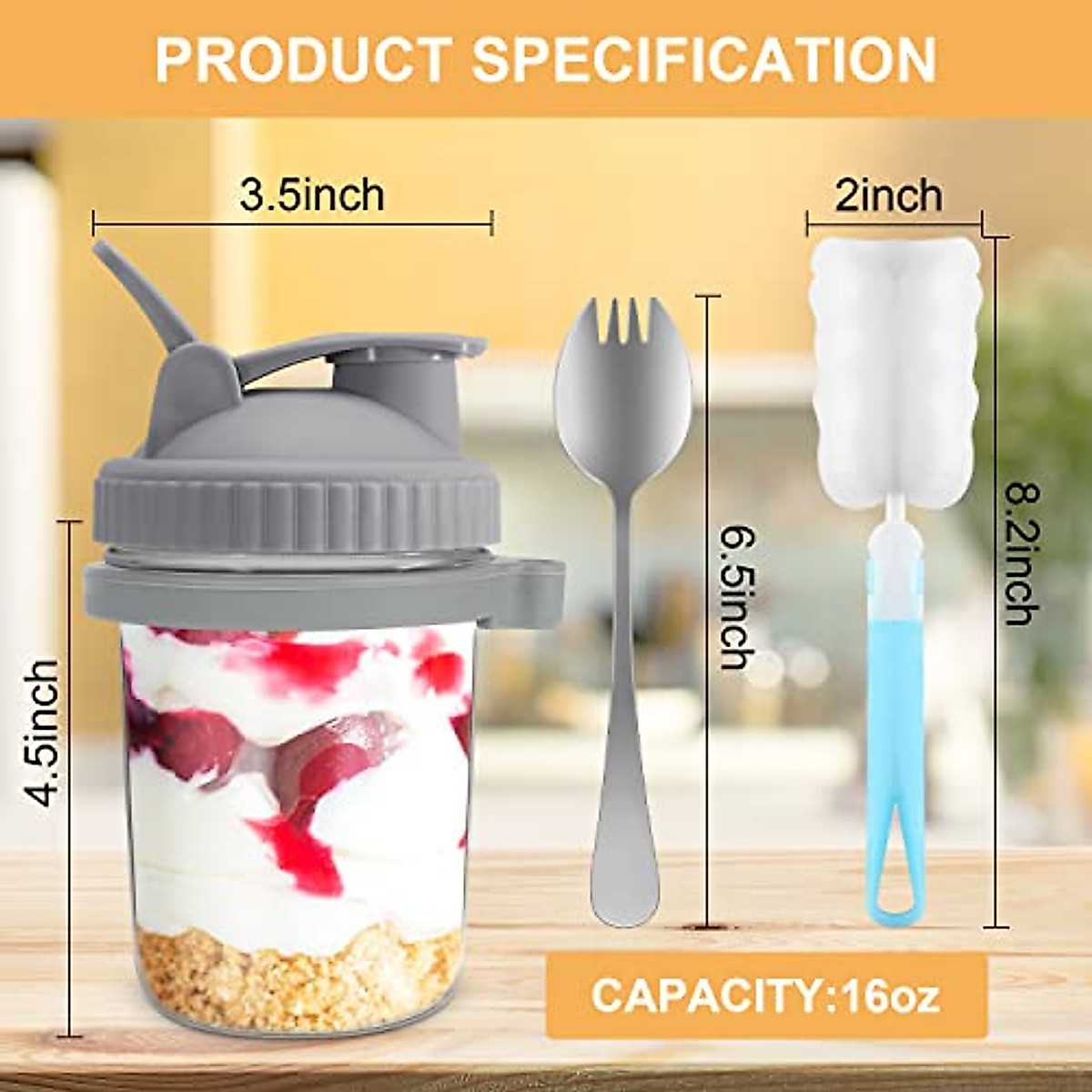 DNANAOL Overnight Oats Containers with Lids - 16 oz Overnight Oats Jars Set of 4, Reusable Yogurt Mason Jars with Lids & Spoons, Large Capacity Airtight Jars for Milk, Cereal, Fruit To Go Containers