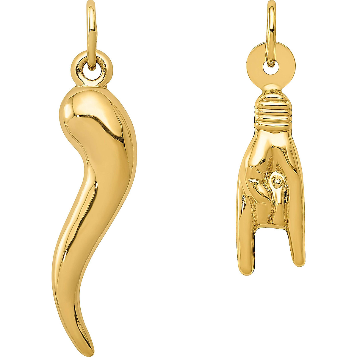 14k Yellow Gold Italian Horn & Good Luck Hand/Sign Language Charms Kit 2 Pcs