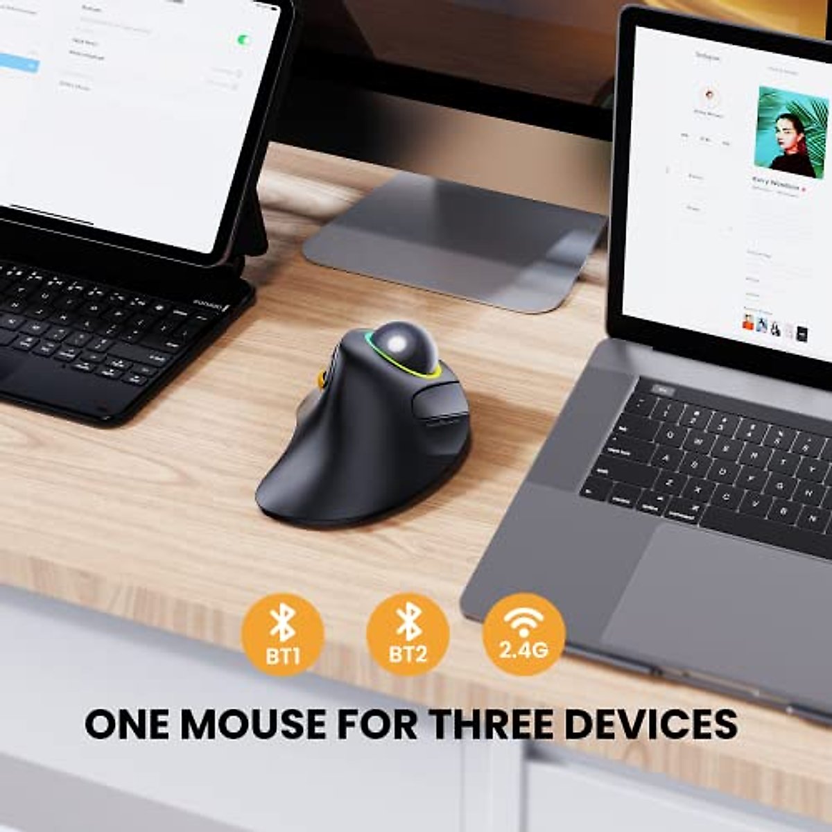 ProtoArc Wireless Bluetooth Trackball Mouse, EM03 Ergonomic RGB Rollerball Mouse Rechargeable Computer Laptop Mouse, 3 Device Connection&Index Finger Control for iPad, Mac, Windows-Black