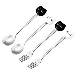 Cute Cat Coffee Spoon and Fork Set, Ceramic Stainless Steel Cat Dessert spoon Drink Spoons Fruit Fork, 5.7/7.2 Inch (5.7 inch, White&Black(Spoon+Fork Set A))