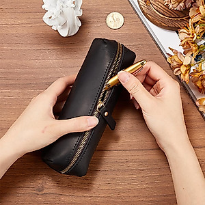 GORGECRAFT Leather Pencil Case Crazy Horse Large Capacity Genuine Leather Pencil Pouch Rectangular Portable Zippered Pen Cases with Zipper for Men and Women Office Supplies Pen Case, Black