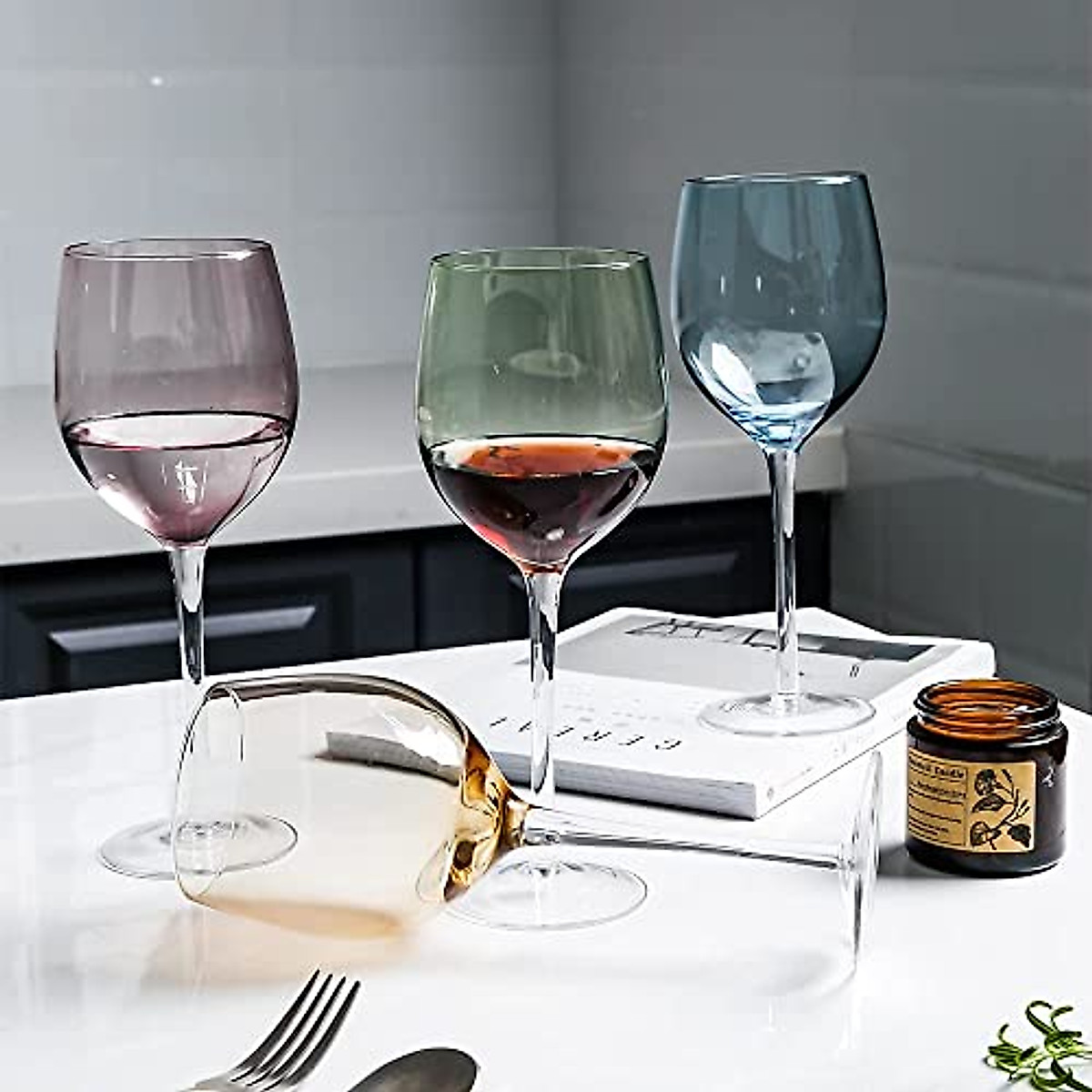 OMITA Colored Crystal Wine Glasses with Stem, Set of 4, Hand-Blown 15.72 oz - Italian Style for Red & White Wine - Elegant Drinkware for Parties & Gifts