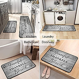 Grateful Thankful Blessed Kitchen Rugs Set of 2 Grey Non-Slip Kitchen Rug and Mat Cushioned Comfort Kitchen Standing Rug for Kitchen Floor Farmhouse Thanksgiving Decor 17"x47"+17"x30"
