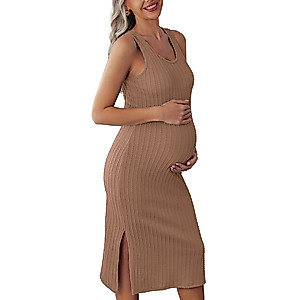 Ekouaer Women's Maternity Dress Rib Knit Sleeveless Baby Shower Dresses Casual Bodycon Pregnancy Clothes Khaki Medium