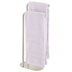 mDesign Tall Stainless Freestanding Towel Rack Holder - 2 Tier Minimalist Pedestal Hanger Holders for Kitchen and Bathroom - Racks for Bath, Hand, Dish, and Tea Towels or Washcloths - Satin