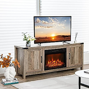 COSTWAY Electric Fireplace TV Stand for TVs up to 70 Inches, Farmhouse Media Entertainment Center Table with Storage Cabinets, Electric Fireplace TV Console with Remote Control for Living Room Bedroom