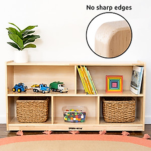 SPARK & WOW 5-Compartment Solid Wood Storage Cabinet - Toy Shelf Organizer - Shelves for Classroom - Includes Optional Wheels