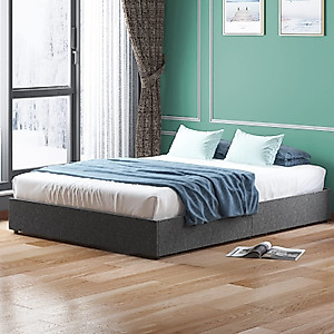 Mixoy Cal King Bed Frame with Four Storage Drawer,Platform Bed Frame with Linen headboardand and Footboard with Drawers, Wood Slats Support.No Box Spring Needed/Easy Assembly(Cal King,Dark Grey)