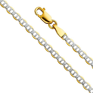 14k REAL Two Tone Gold Solid 3mm Flat Mariner White Pave Chain Necklace with Lobster Claw Clasp - 22"