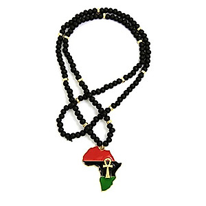 CBC Crown Pan African Colored Africa Map Continent Pendant on 26"/30" Wooden Bead Necklace in Gold or Silver Tone (30" - Black & Gold, Gold Ankh)