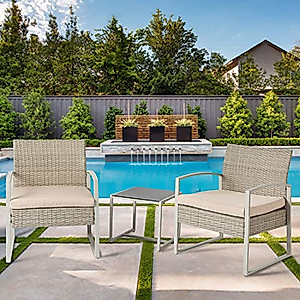 Aoxun 3 Pieces Patio Set Wicker Bistro Table Set, Outdoor Patio Furniture Conversation, Two Rattan Chairs with Glass Coffee Table for Terraces Poolsides and Cafes,Gray Beige