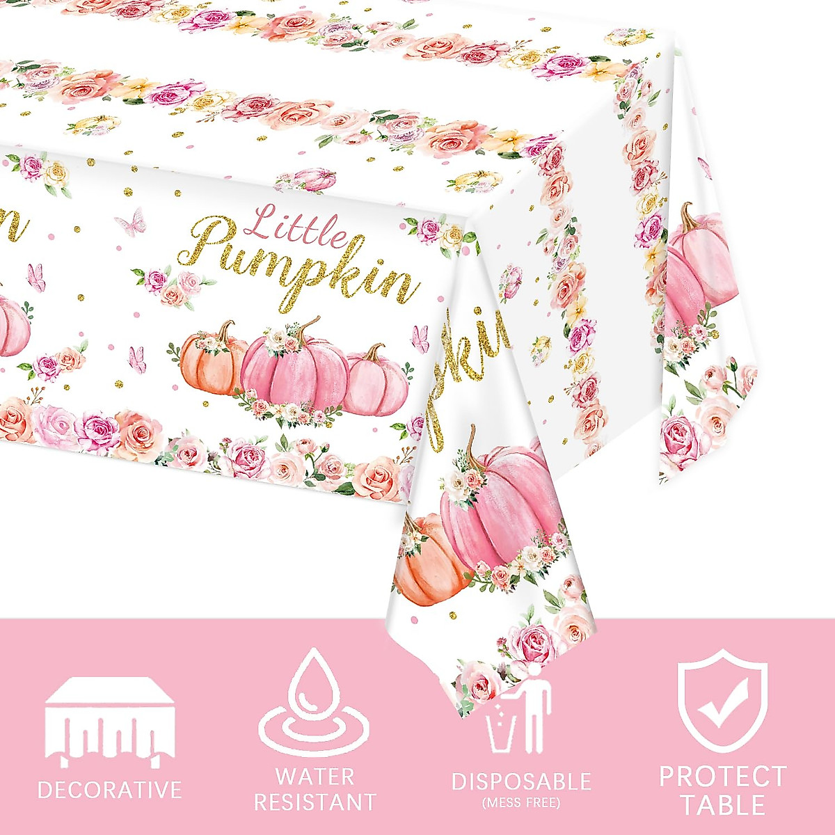 LINHAXM 3 Pack Pink Little Pumpkin Baby Shower Tablecloths - Fall Pumpkin Floral Plastic Table Cover for Baby Girl Shower Gender Reveal Decorations, 54 x 108 Inch