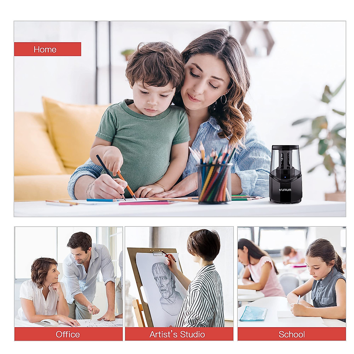 TRUNIUM Electric Pencil Sharpener, Pencil Sharpener for 6-8mm Colored/WoodenPencils, Auto Stop, Fast&Super Sharp, Electric Pencil Sharpeners USB Operated in No.2/Office/Studio/Home/Classroom(Black)