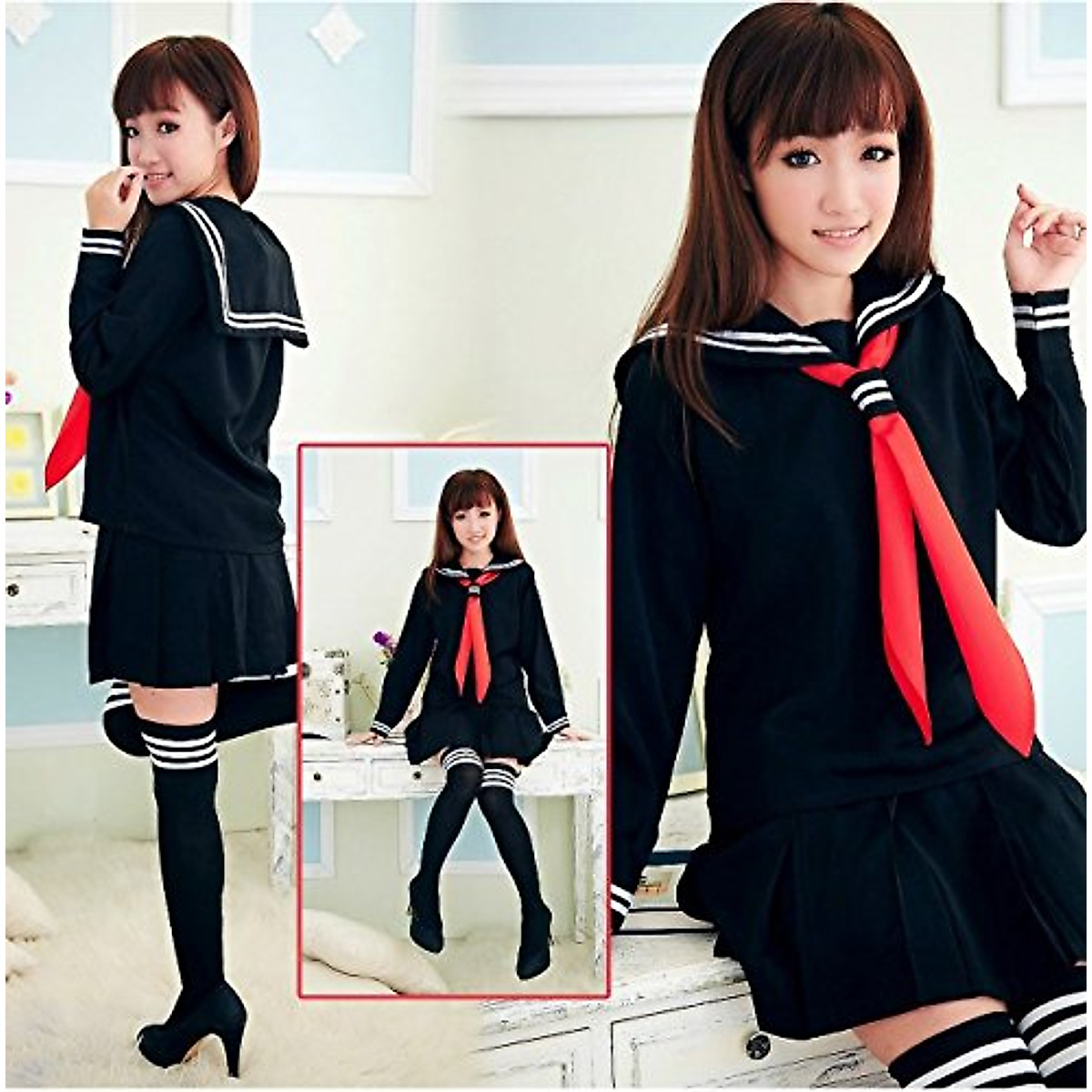 Classic Japanese School Girls Sailor Dress Shirts Uniform Anime Cosplay Costumes with Socks Set(Black)(M = Asia L)(SSF08BK)
