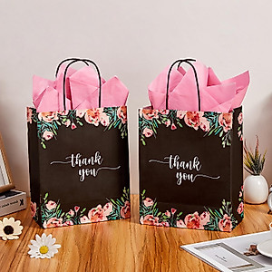 DjinnGlory 50 Pack Medium-Sized Floral Thank You Paper Gift Bags with Handles and Pink Tissue Paper for Boutiques, Weddings, Bridal Showers, Birthday Parties, 10x8x4 Inch (Black & Floral)