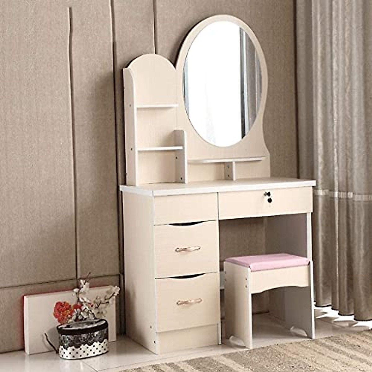 LEONYS Makeup Vanity Desk with Rounded Mirror, 3 Drawers, Vanity Set with Upholstered Stool, for Bathroom, Bedroom, Girls Vanity for Gift (Color : Pink)