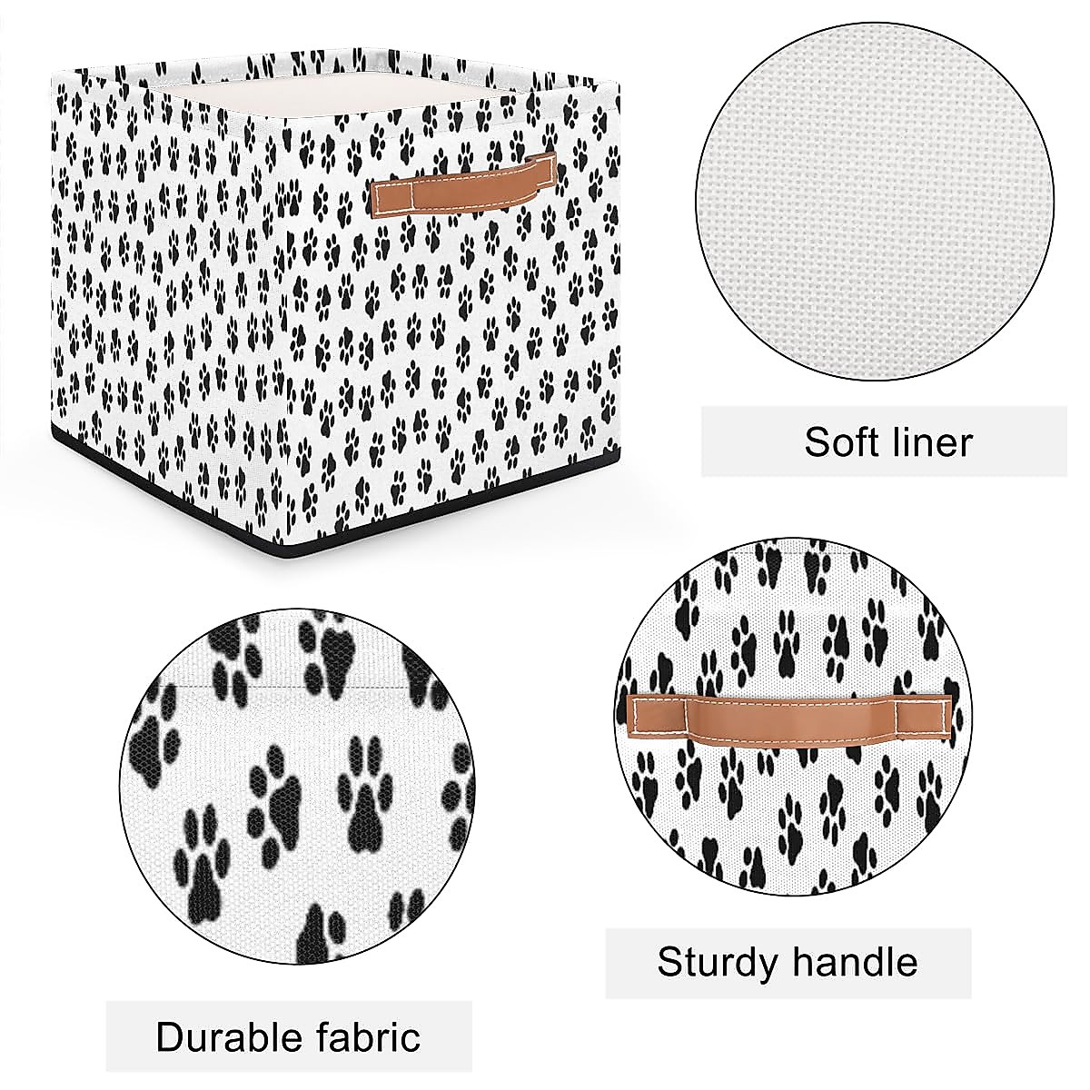 Yzrwebo Black Paw Print Fabric Storage Bins for Organizing Cat Dog Paw Print Large Storage Basket with Handles Cube Collapsible Organizer Bins for Shelves Closet Decor Toys Clothes Cubby 13"x13"x13"