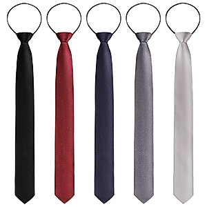 Xinnun 5 Pieces Mens Zipper Ties Pre Tied Adjustable Neckties Solid Color Skinny Necktie Thin Clip on Slim Tie for Office School Wedding Party Uniforms, Black, Navy, Gray, Silver Gray, Dark Red