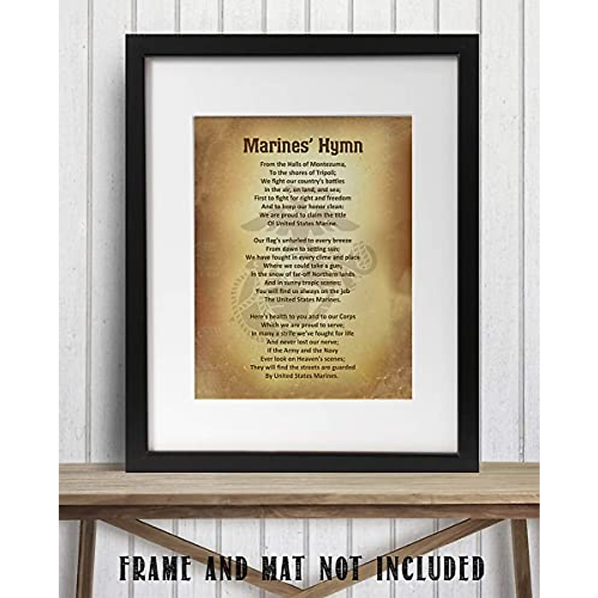 Marine Corps Hymn - Song Lyrics Wall Art Poster, This Ready to Frame Distressed Parchment Replica Logo Wall Art Decor Print is Good For Music Room, Office, and StudioRoom Decor, Unframed - 8X10”