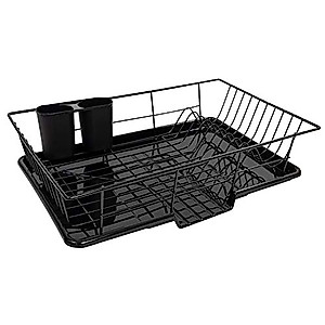 Sweet Home Collection Space-Saving 3-Piece Dish Drainer Rack Set: Efficient Kitchen Organizer for Quick Drying and Storage - Includes Cutlery Holder and Drainboard - Maximize Countertop Space, Black