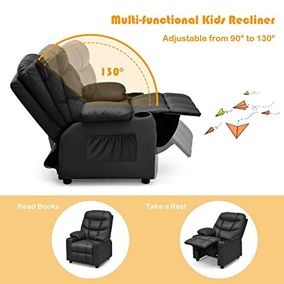 Costzon Kids Recliner Chair with Cup Holder, Adjustable Leather Lounge Chair w/Footrest & Side Pockets for Children Boys Girls Room, Ergonomic Toddler Furniture Sofa, Kids Recliner (Black)