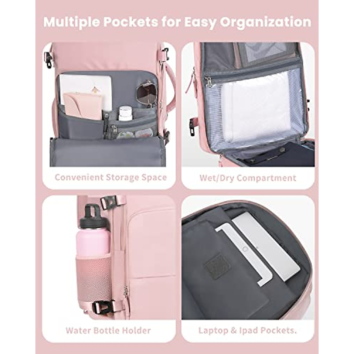 Snoffic Durable Carry On Backpack, Travel Backpack for Women Airline Approved, Large Waterproof College Backpack, Business Work Hiking Casual Daypack Bag, Fits 16" Laptop, Pink