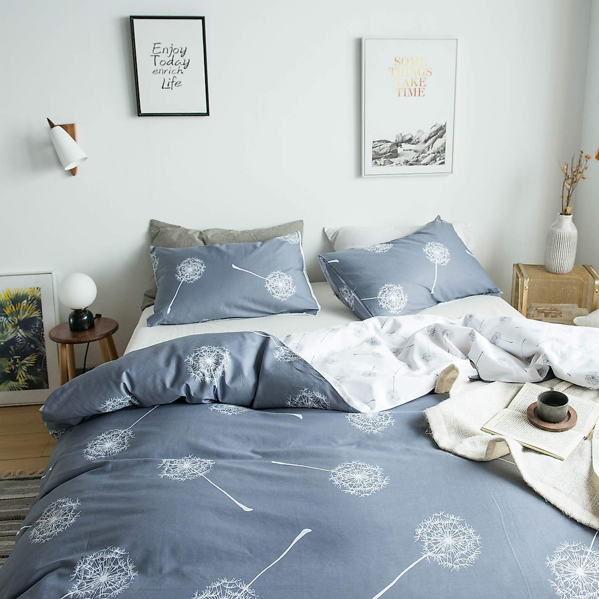 YuHeGuoJi Gray Botanical Duvet Cover Queen 100% Cotton Reversible Flower Duvet Cover 3 Pcs Set 1 White Dandelion Duvet Cover with Zipper Ties 2 Pillowcases Farmhouse Plant Print Bedding Set