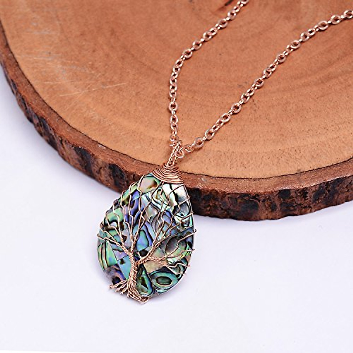 Tear Drop Abalone Tree of Life Necklace - Wire Wrap Abalone Shell Tree of Life Healing Crystal Pendant Necklace Fashion Rose Gold Plated Necklace Jewelry for Women