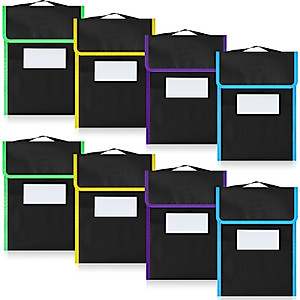 8 Pcs Large Book Pouches Nylon Fabric Book Bag with Stitched on Handle and Clear Name Tag Pocket Neon Color Trims Black Reading Bags for Classroom Kids Student Homework Reading Supplies 15 x 12 Inch