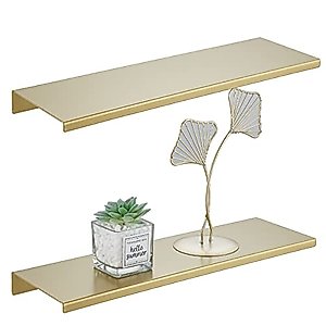 JQK Floating Shelves, Gold Wall Shelves for Bathroom/Living Room/Bedroom/Kitchen Decor, Wall Mounted Set of 2, 16 Inch Metal Golden, FSL16-BG-P2