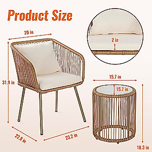 3 Piece Patio Bistro Set,Outdoor Conversation Sets, Small Patio Furniture Set w/ Glass Top Table and 2 Chairs,Outdoor Table and Chairs Set of 2,Wicker Patio Chairs for Yard Lawn Garden Porch Backyard