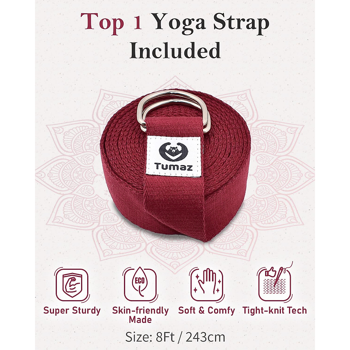 Tumaz Yoga Bolster Set - Rectangular Yoga Bolster Pillow for Restorative Yoga, Soft Meditation Pillow with Carry Handle and 8-Feet Yoga Strap, Machine Washable Cover