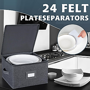 popoly China Storage Containers Inside 12" W x 8" H, Dinnerware Storage Box for Dishes Plate Storage with 24 Felt Dividers, Hold 24 Plates, Hard Shell and Stackable (2 Pack Grey)