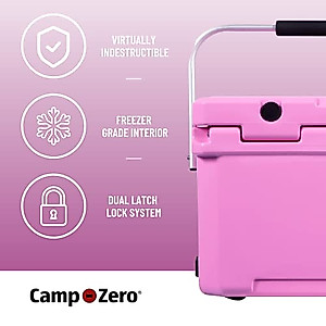 CAMP-ZERO 20L | 21.13 Quart Premium Cooler with 4 Molded-in Cup Holders & Folding Aluminum Handle | Thick Walled, Freezer Grade Cooler w/Secure Locking System & Tie Down Channels (Pink)