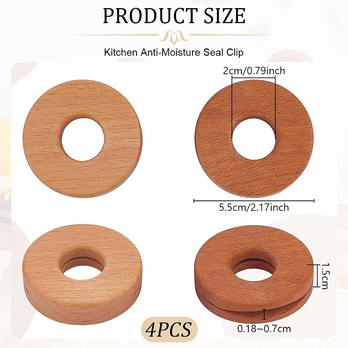 OLYCRAFT 4-Piece Beech Wood Donut Bag Clips - 2.1 Inch Dia Wooden Seal Clips for Food Storage & Snacks