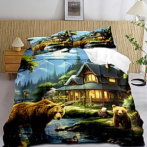LUVIVIHOME 3PCS Cute Bear Comforter Set King Size, Mallard Duck Deer Squirrel Lake Woodland Forest Animal Wildlife Country Lodge Rustic Farmhouse Cabin Bedding Sets for Kids Boys Girls, 2 Pillow Shams