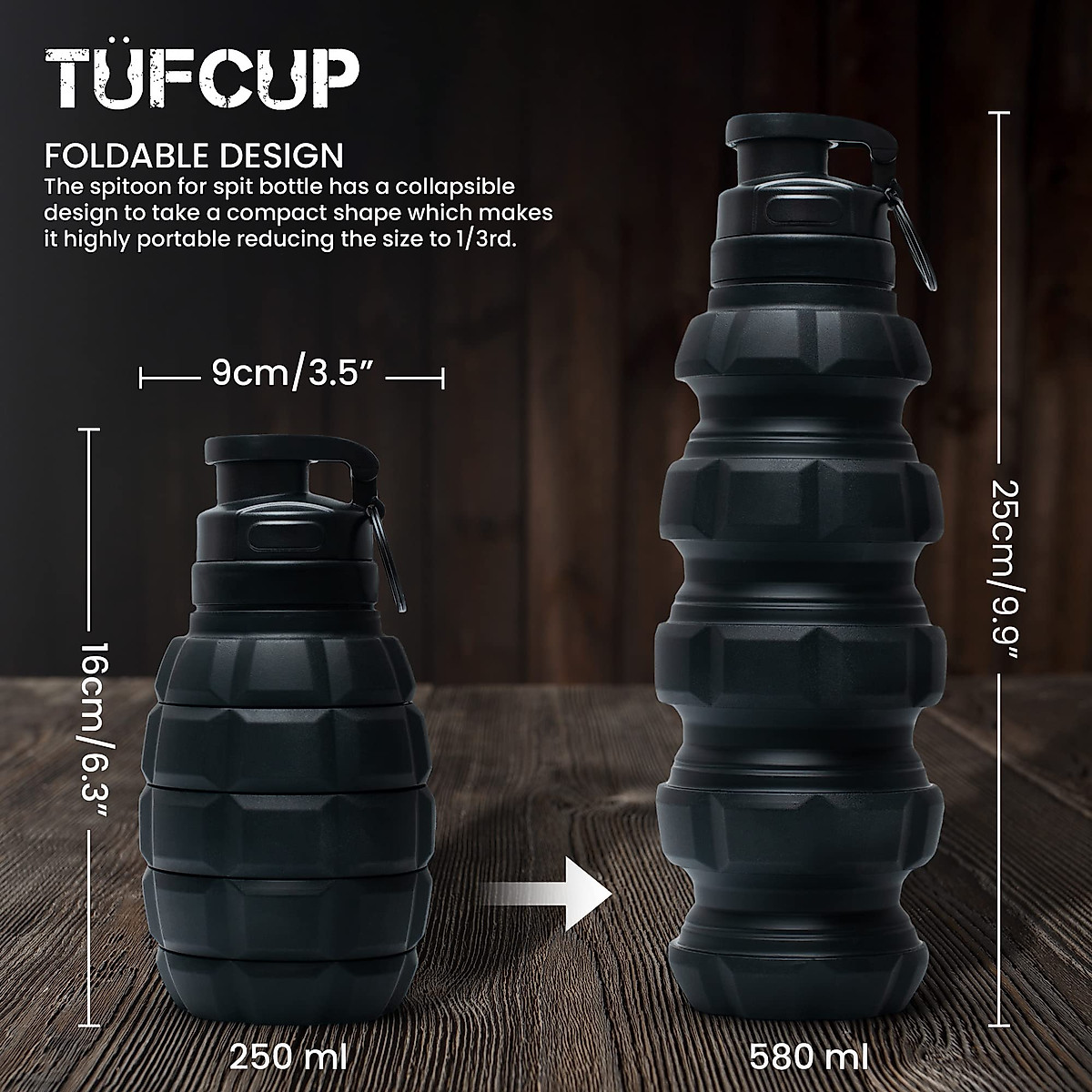 TUFCUP Spit Cup Spittoon for Chewing, Portable Reusable Spit Dipping Cup with Lid, Collapsible Spill Resistant Leak Proof Silicone Body Travel Spitter (Black)