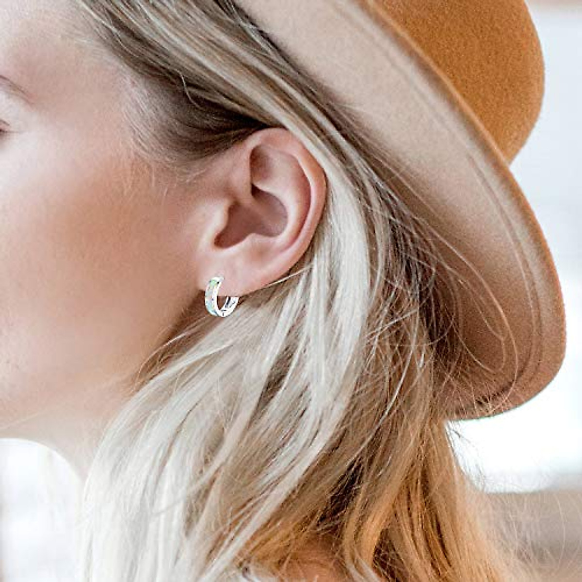 Hoop Earrings for Women 925 Sterling Silver White Opal Small Hinged Huggie Earrings Simulated Opal Earrings Hypoallergenic Earrings for Sensitive Ears Christmas Mothers Day Gift for Women