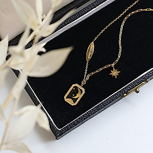 MODAGIRL Good Luck Stainless Steel 18k Gold Plated Moon Star Rectangle Pendant Necklace Retro Black Enamel Clavicle Chain