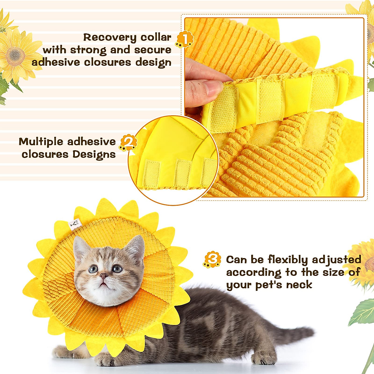 Sunflower Cat Recovery Collar Soft Cat Cone Collar Pet Cones for Cats Cotton Pet Cone Collar Adjustable Sunflower Elizabeth Collar Postoperative Protection Soft Cone for Cats and Dogs(Medium)
