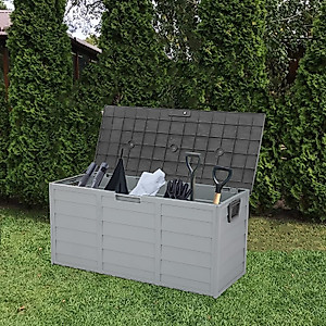 Kcelarec Plastic Deck Storage Container Box Outdoor Patio Furniture 75 Gal, Pools Yard Storage Tools w/Built-In Wheel (Grey)