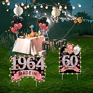 2Pcs Rose Gold 60th Birthday Yard Sign Decoration with String Lights for Women,Happy 60th Birthday Made in 1964 Lawn Sign Party Supplies, Sixty Year Old Birthday with Lights Yard Decor with Stakes