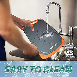 HUNNION Kitchen Cutting Board 3 Piece Set : Juice Grooves with Easy-Grip Handles, BPA-Free, Non-Porous, Dishwasher Safe, Multiple Size Plastic Cutting Boards (Orange)