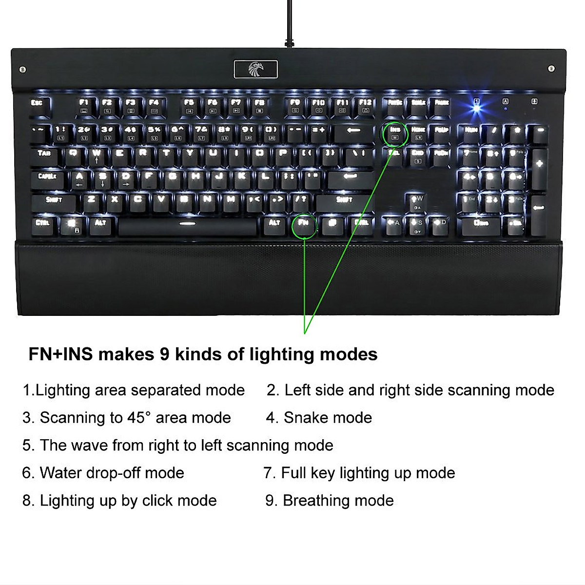 HUO JI E-Element MechanicalEagle Z-77 White LED Backlit Gaming Keyboard, 104 Keys Anti-Ghosting, with Blue Switches, Wrist Rest (Black)