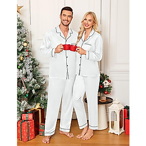 SWOMOG Couple Matching Pajamas Set Silk Satin Button Down Sleepwear Long Sleeve Nightwear 2 Pcs Pj Set Women White Large