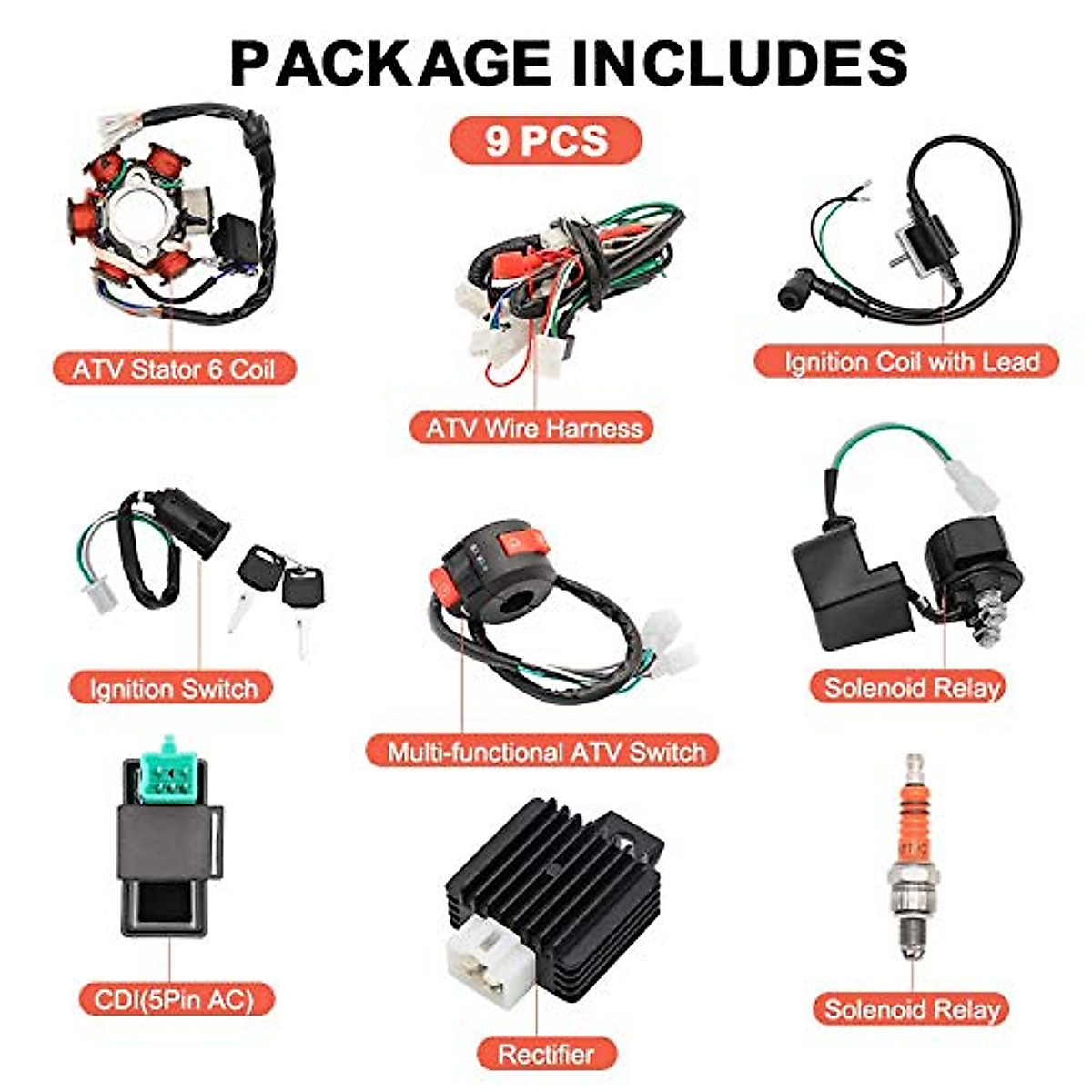 Quad Wire Harness Complete Electrics Stator Coil CDI Wiring Harness Solenoid Relay Spark Plug for 4 Wheelers Stroke ATV 50cc 70cc 90cc 110cc 125cc Pit Quad Dirt Buggy Bike Go Kart Parts