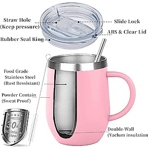 Stainless Steel Wine Tumblers 12oz,Triple Insulated Wine Glass Tumbler Stemless w/Lids,Straw and Cleaning Brush,Wine Glass Coffee Mug for Wine,Cocktails,Champaign,Spill Proof Ice Hot Drink Cup