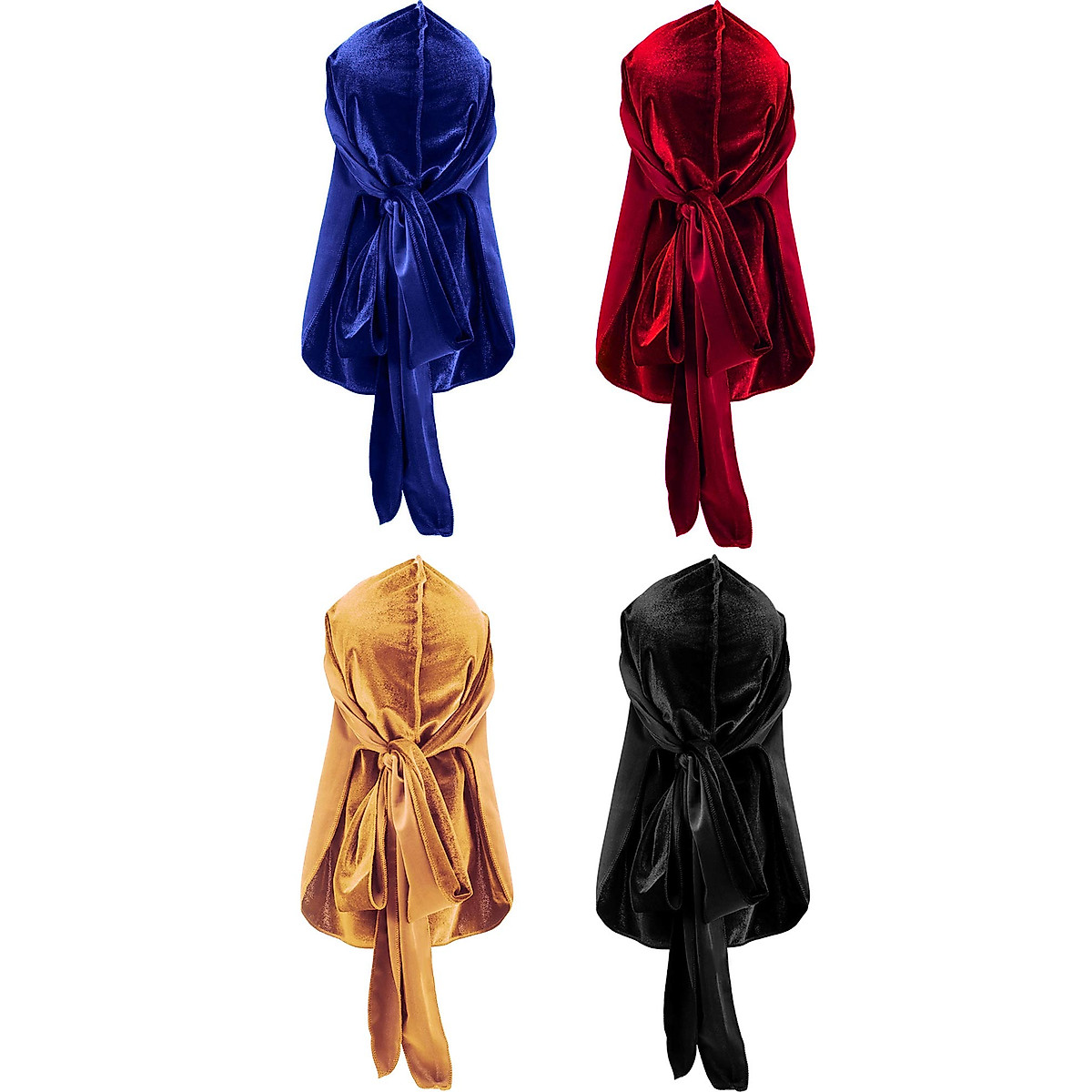 4 Pieces Men's Velvet Durag with Long Tail Soft Durag Headwraps for 360 Waves (Royal blue, Red, Gold, Black)