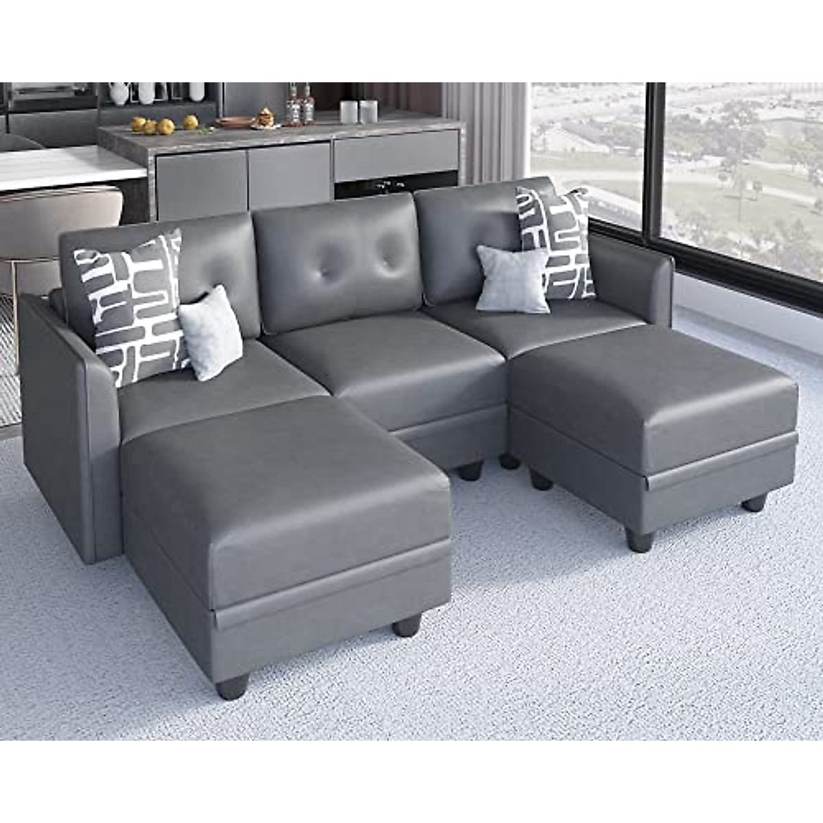 LLappuil Convertible Modular Sofa Faux Leather Fabric U Shaped Sectional with Reversible Chaise, 5 Seater Storage Sofa Sleeper Couch with Ottoman, Dark Grey