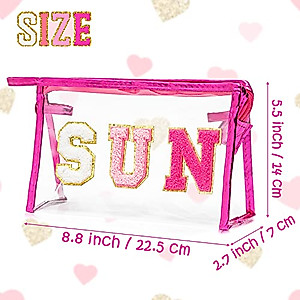 Y1tvei Preppy Patch SUN Varsity Letter Cosmetic Toiletry Bag Transparent PVC Zipper Makeup Bag Daily Use Clutch Purse Portable Waterproof Travel Organizer Compliant Bag for Women Girls Teens(Rose Red)